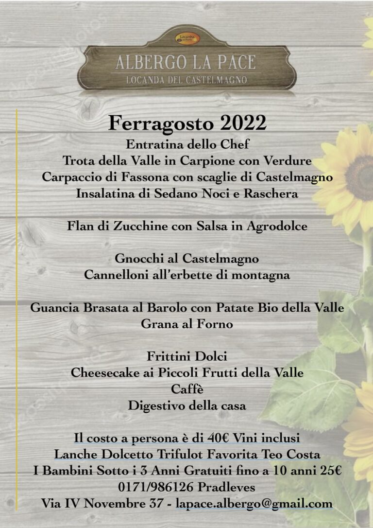 Menu di Ferragosto - Hotel la Pace Locanda del Castelmagno